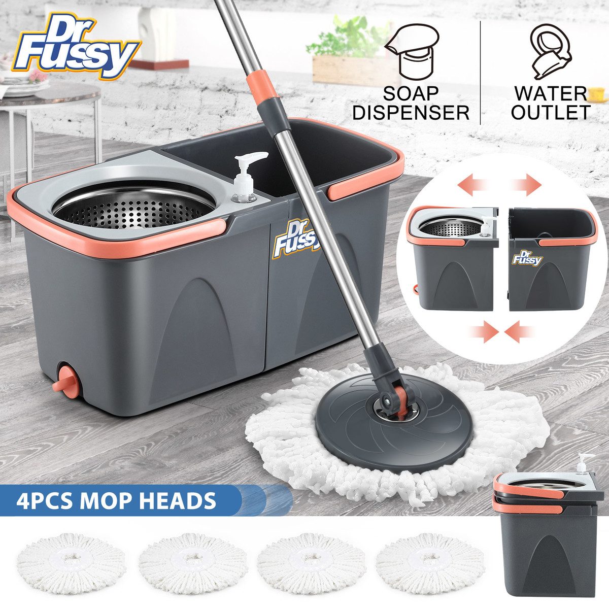 Spin Mop Dual Bucket Set Magic Floor Cleaner 4 Mop Heads – golly.co.nz