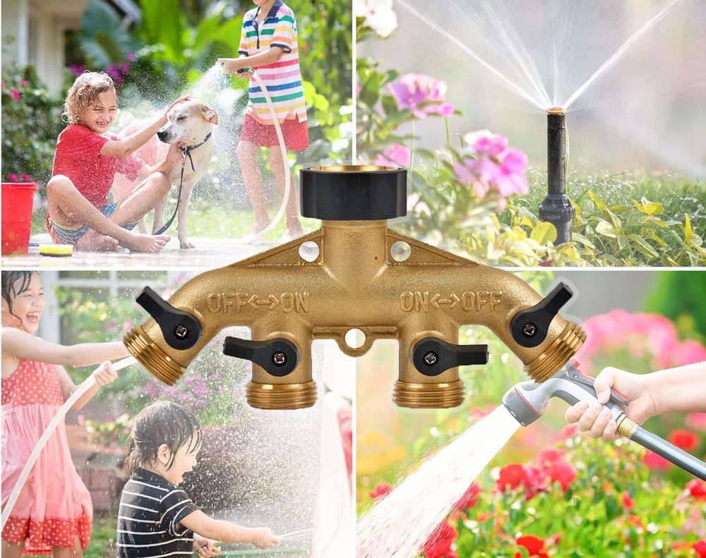 4-Way Brass Splitter 3/4 Inch for Taps 4 On/Off Valves Garden Hose Tap ...